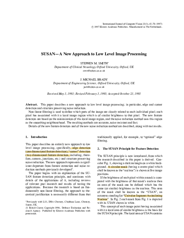 (PDF) SUSAN—A New Approach to Low Level Image Processing