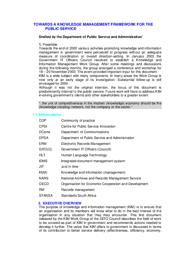 (PDF) TOWARDS A KNOWLEDGE MANAGEMENT FRAMEWORK FOR THE PUBLIC SERVICE ...
