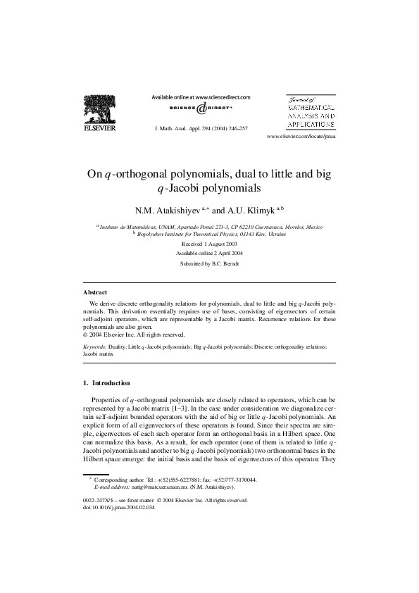 (PDF) On q-orthogonal polynomials, dual to little and big q-Jacobi ...