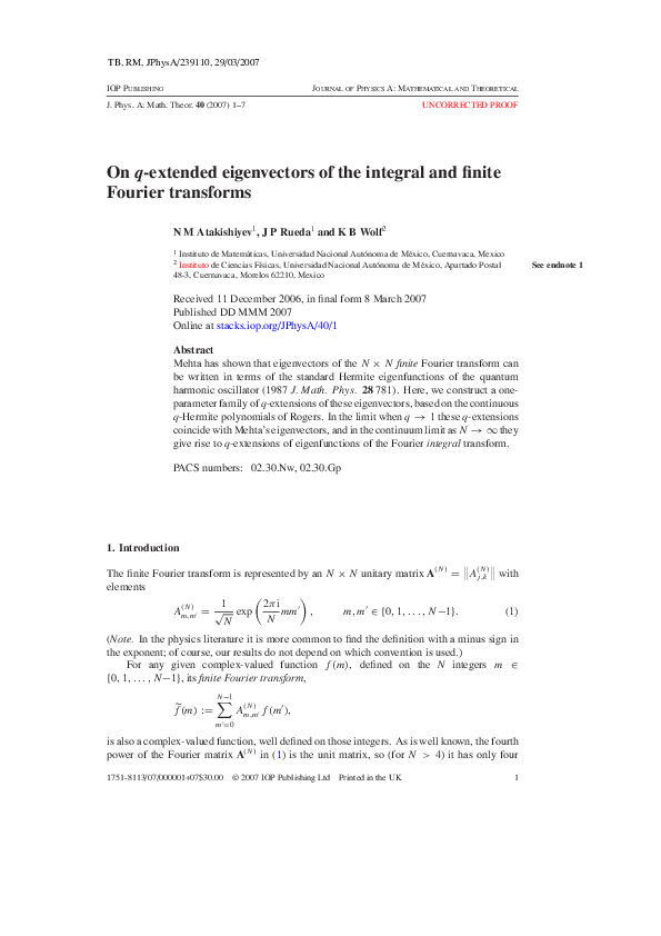 (PDF) On q -extended eigenvectors of the integral and finite Fourier ...