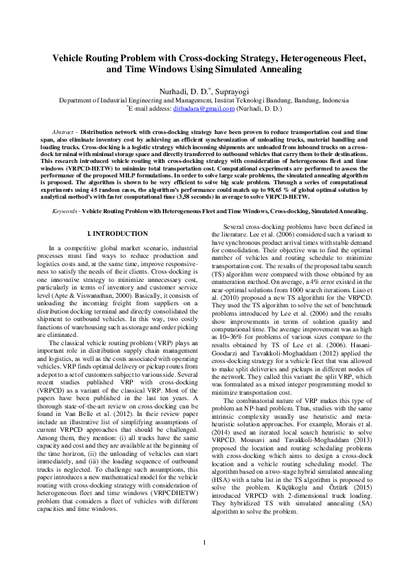 Pdf Vehicle Routing Problem With Cross Docking Strategy Heterogeneous Fleet And Time Windows