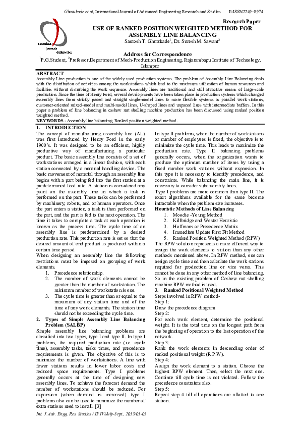 (PDF) USE OF RANKED POSITION WEIGHTED METHOD FOR ASSEMBLY LINE ...
