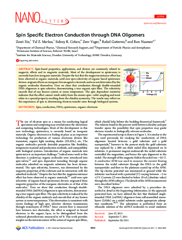 (PDF) Spin Specific Electron Conduction through DNA Oligomers