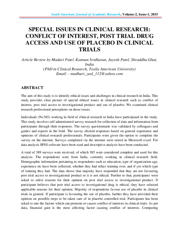 (PDF) SPECIAL ISSUES IN CLINICAL RESEARCH: CONFLICT OF INTEREST, POST ...