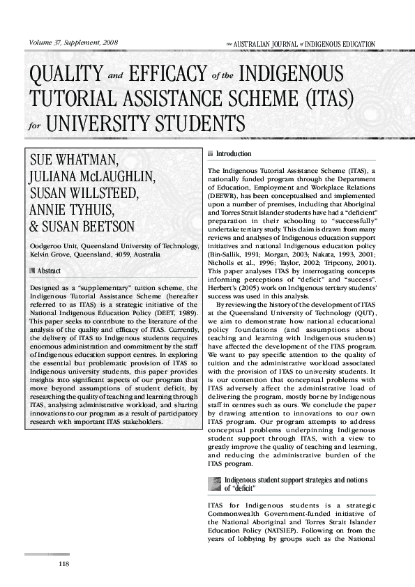 (PDF) Quality and efficacy of the Indigenous Tutorial Assistance Scheme (ITAS) for university ...