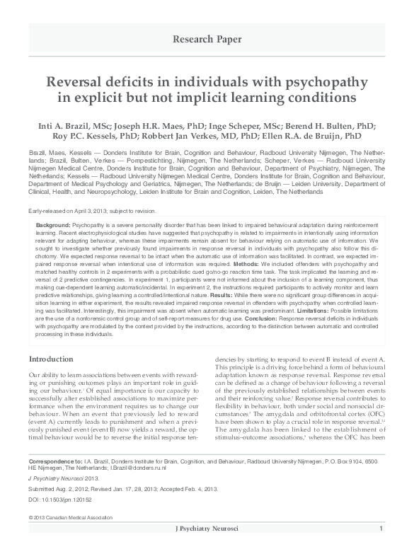 (PDF) Reversal deficits in individuals with psychopathy in explicit but not implicit learning ...