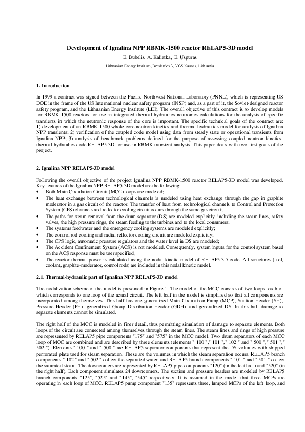 (PDF) RBMK-1500 Reactor Model for Transient Analysis