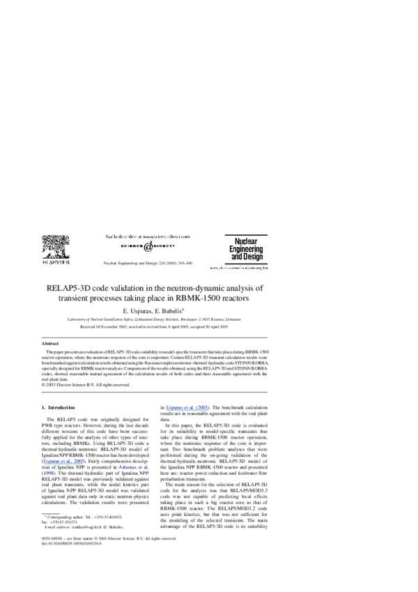 (PDF) RELAP5-3D code validation in the neutron-dynamic analysis of ...