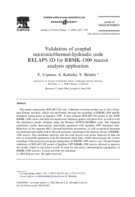 (PDF) Validation of coupled neutronic/thermal-hydraulic code RELAP5-3D for RBMK-1500 reactor ...