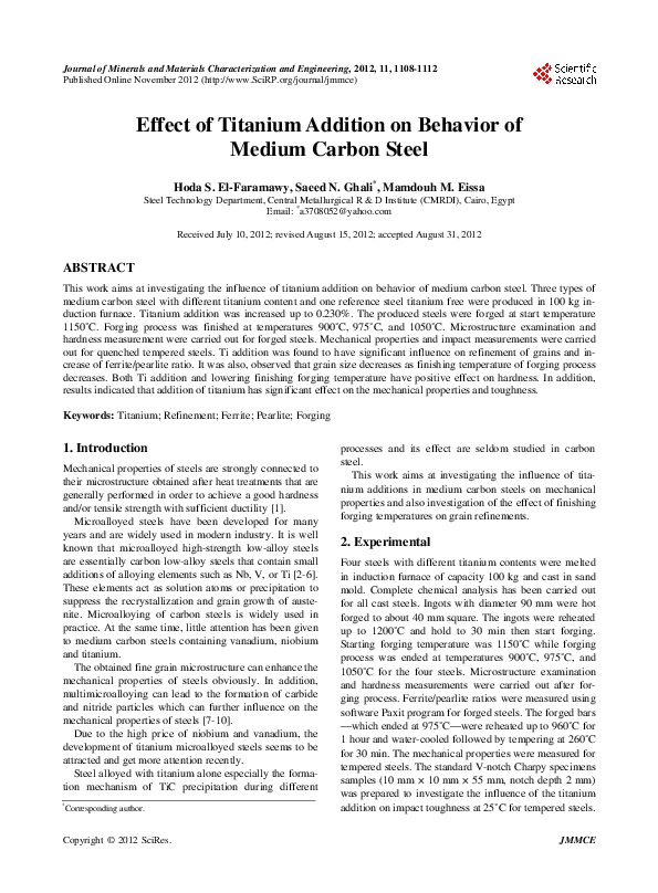 (PDF) Effect of Titanium Addition on Behavior of Medium Carbon Steel