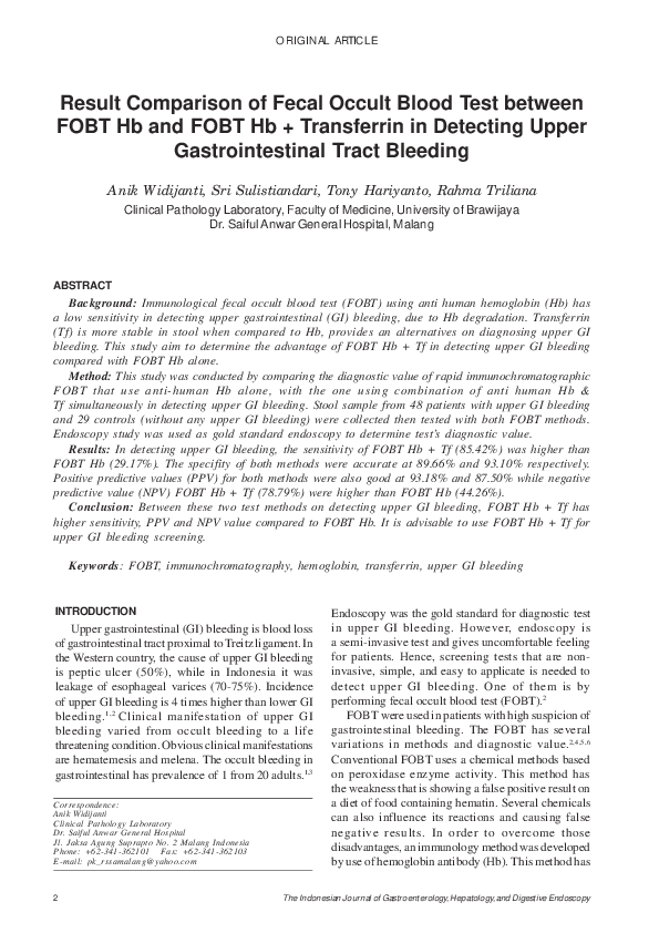 (PDF) Result Comparison of Fecal Occult Blood Test between FOBT Hb and ...