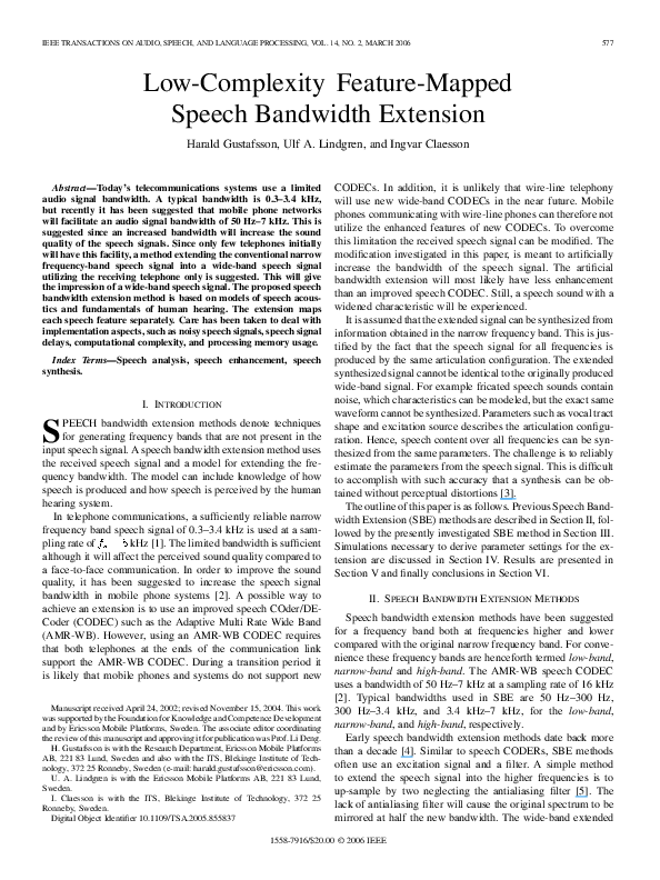 Pdf Low Complexity Feature Mapped Speech Bandwidth Extension