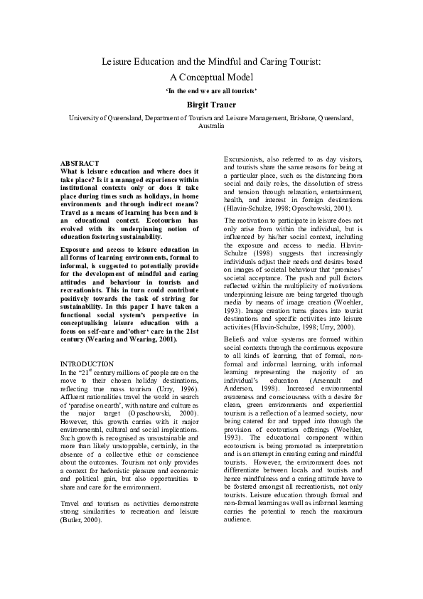 (PDF) Leisure Education and the Mindful and Caring Tourist: A ...