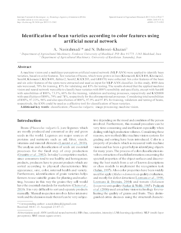 (PDF) Identification of bean varieties according to color features using artificial neural network