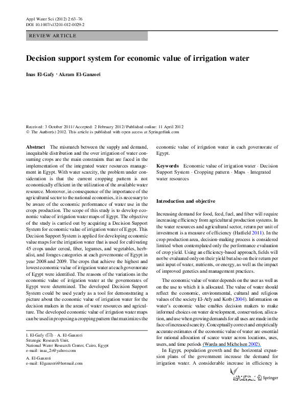 (PDF) Decision support system for economic value of irrigation water