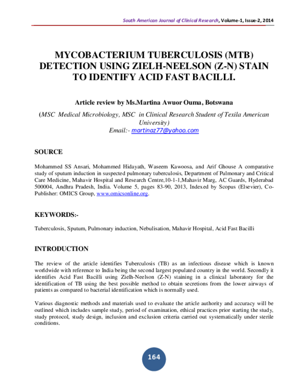 (PDF) Mycobacterium Tuberculosis (MTB) Detection Using Zielh-Neelson (Z ...
