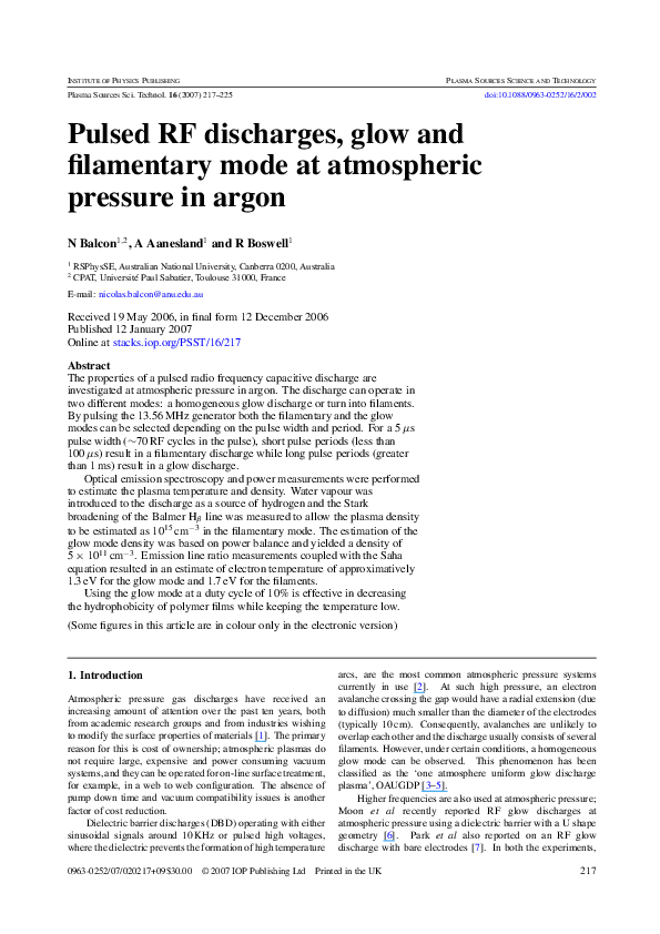 (PDF) Pulsed RF discharges, glow and filamentary mode at atmospheric ...