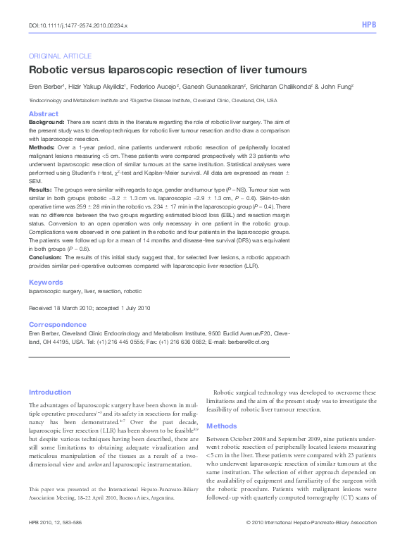 (PDF) Robotic versus laparoscopic resection of liver tumours