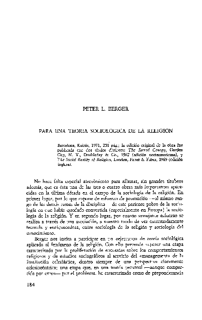 (PDF) Peter L. Berger. "Para una teoría sociológica de la religión