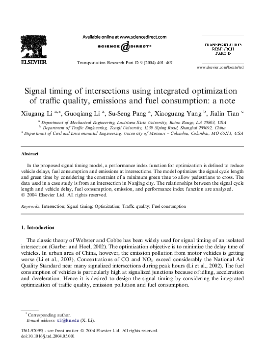 Pdf Signal Timing Of Intersections Using Integrated Optimization Of 1226