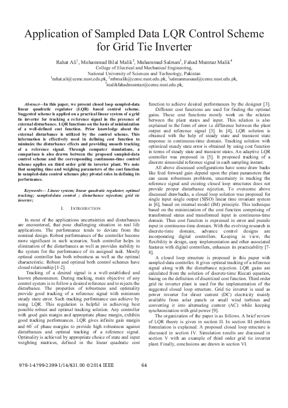 (PDF) Application of sampled data LQR control scheme for grid tie inverter