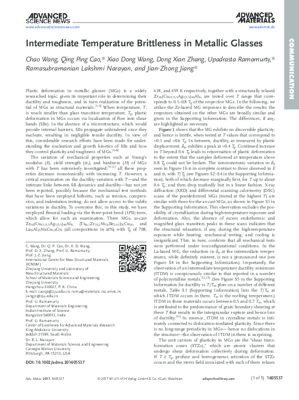 (PDF) Intermediate Temperature Brittleness in Metallic Glasses