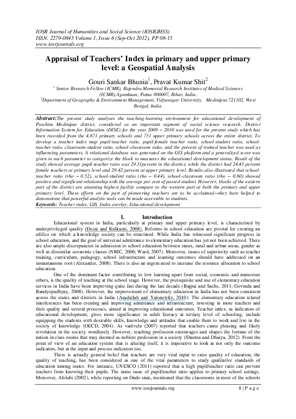 (PDF) Appraisal of Teachers’ Index in primary and upper primary level ...
