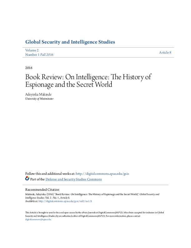 (PDF) Book Review of On Intelligence: The History of Espionage and the ...
