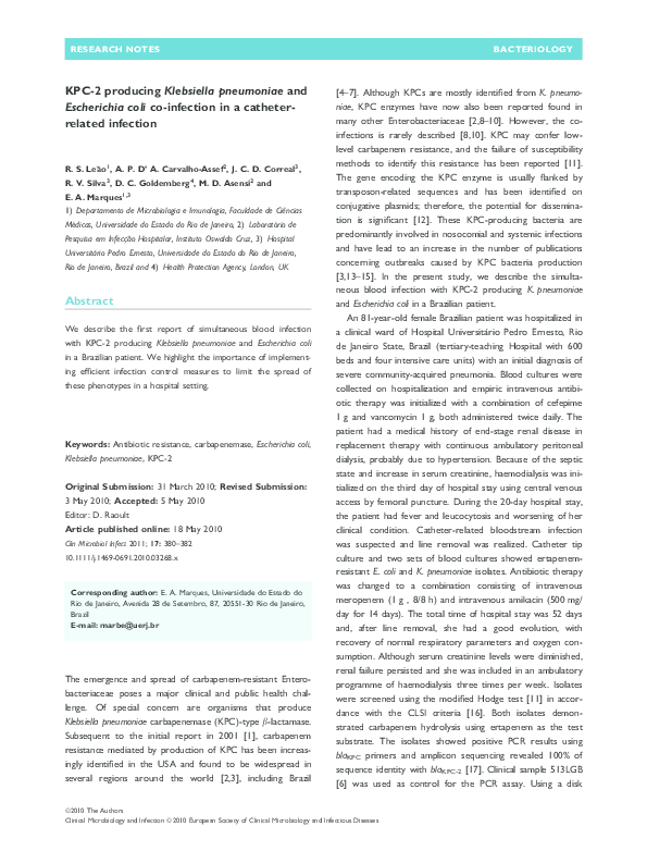 (PDF) KPC-2 producing Klebsiella pneumoniae and Escherichia coli co-infection in a catheter ...