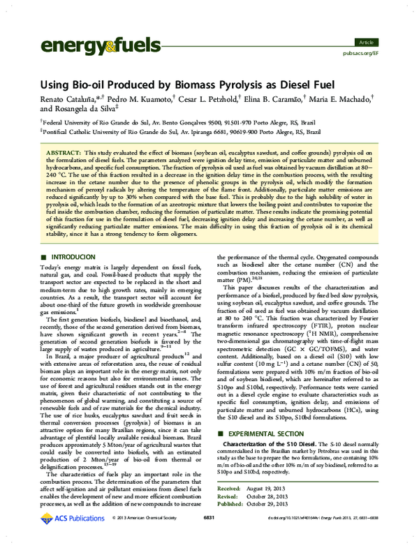 (PDF) Using Bio-oil Produced by Biomass Pyrolysis as Diesel Fuel