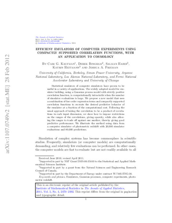 (PDF) Efficient emulators of computer experiments using compactly supported correlation ...