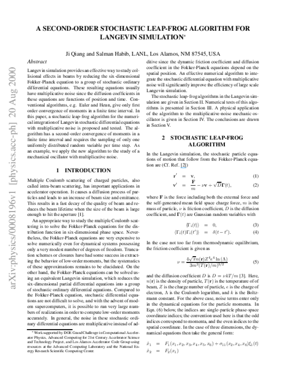 Pdf A Second Order Stochastic Leap Frog Algorithm For Langevin Simulation