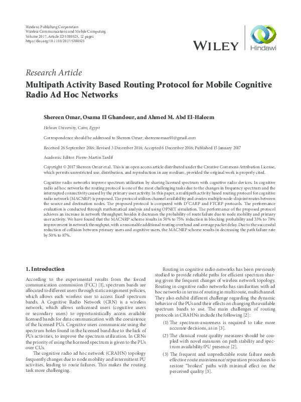 Pdf Multipath Activity Based Routing Protocol For Mobile Cognitive Radio Ad Hoc Networks Dr