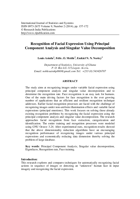 Pdf Recognition Of Facial Expression Using Principal Component Analysis And Singular Value