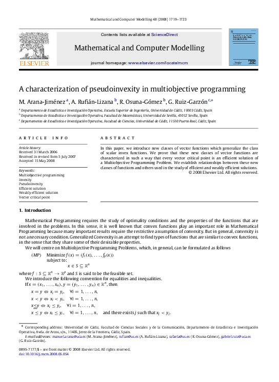 (PDF) A characterization of pseudoinvexity in multiobjective programming