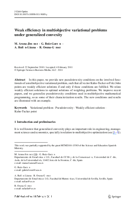 (PDF) Weak efficiency in multiobjective variational problems under generalized convexity