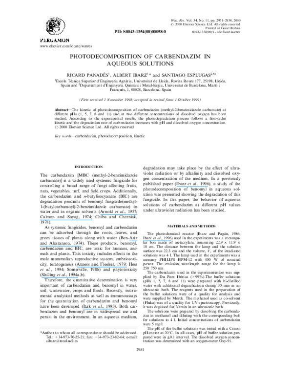 (PDF) Photodecomposition of carbendazim in aqueous solutions