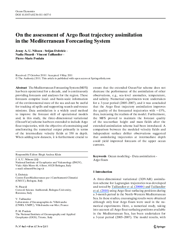 Pdf On The Assessment Of Argo Float Trajectory Assimilation In The Mediterranean Forecasting