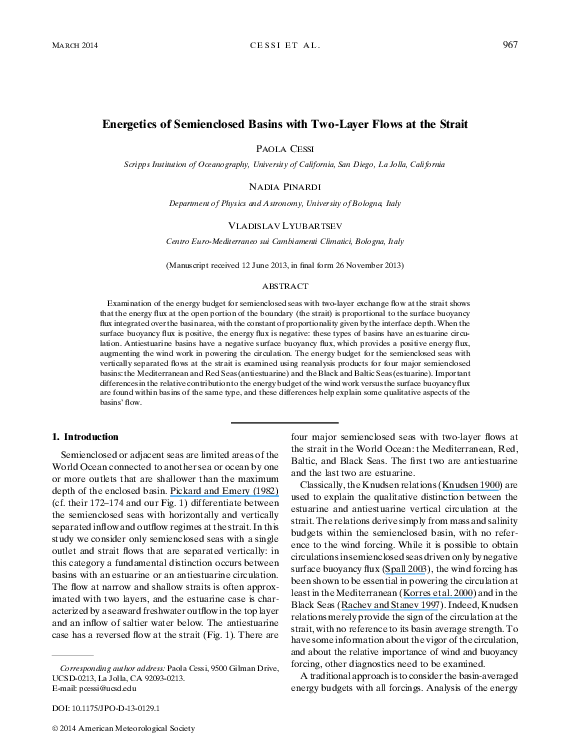 (PDF) Energetics of Semienclosed Basins with Two-Layer Flows at the Strait | Nadia Pinardi ...