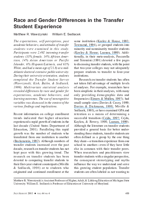 (PDF) Race and Gender Differences in the Transfer Student Experience