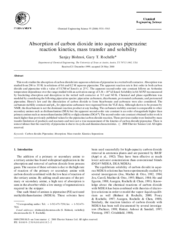 (PDF) Absorption of carbon dioxide into aqueous piperazine: reaction kinetics, mass transfer and ...