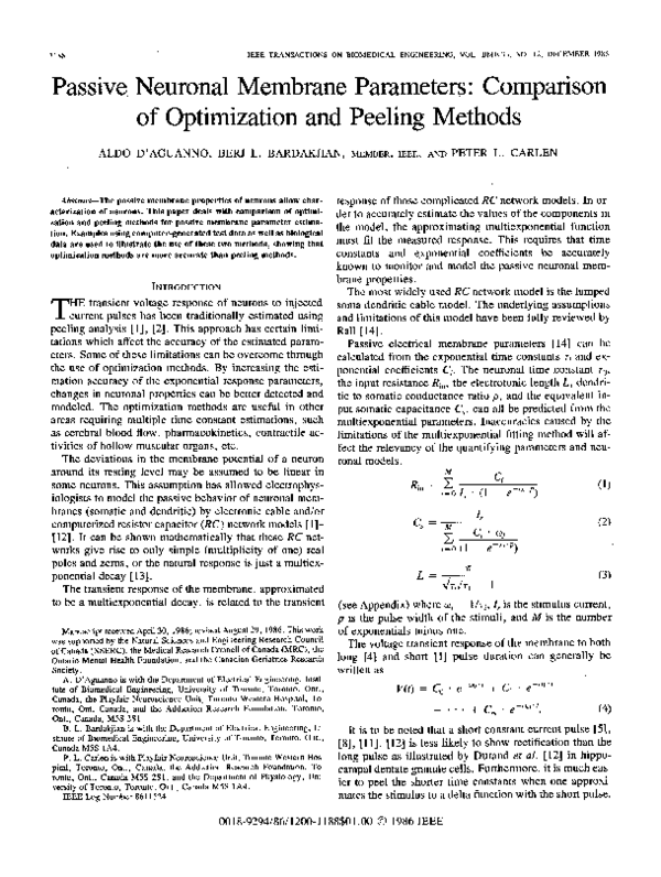 (PDF) Passive Neuronal Membrane Parameters: Comparison of Optimization and Peeling Methods