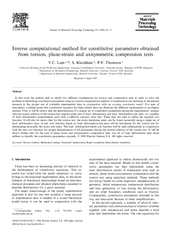Pdf Inverse Computational Method For Constitutive Parameters Obtained