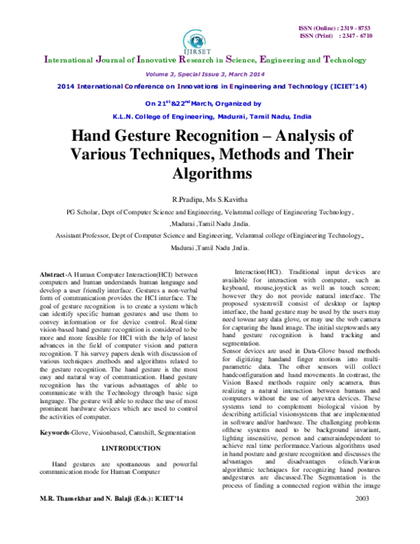 (PDF) Hand Gesture Recognition – Analysis of Various Techniques ...