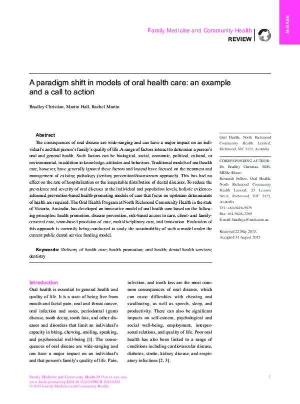 (PDF) A paradigm shift in models of oral health care: an example and a ...