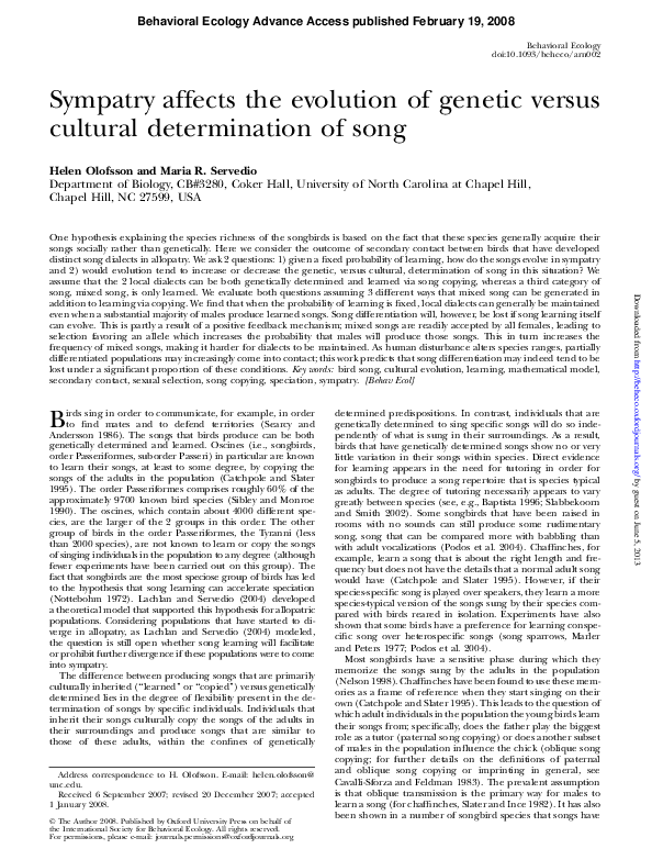 (PDF) Sympatry affects the evolution of genetic versus cultural ...