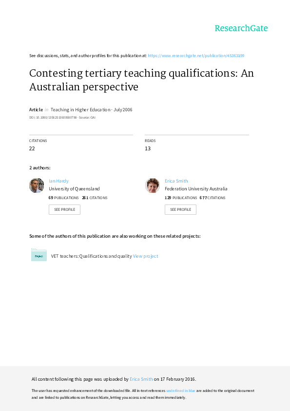 (PDF) Contesting tertiary teaching qualifications: an Australian ...