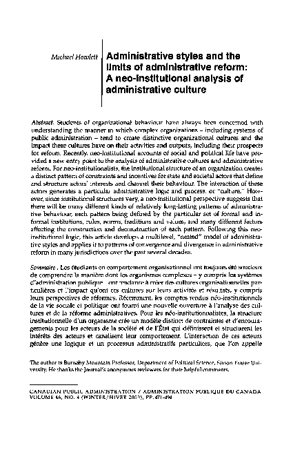 (PDF) Administrative styles and the Iimits of administrative reform: A ...