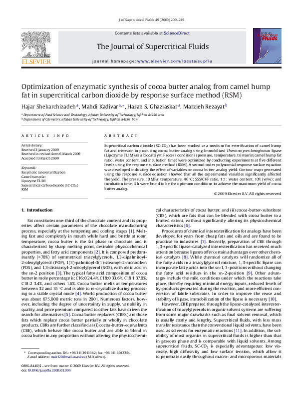 Pdf Optimization Of Enzymatic Synthesis Of Cocoa Butter Analog From Camel Hump Fat In