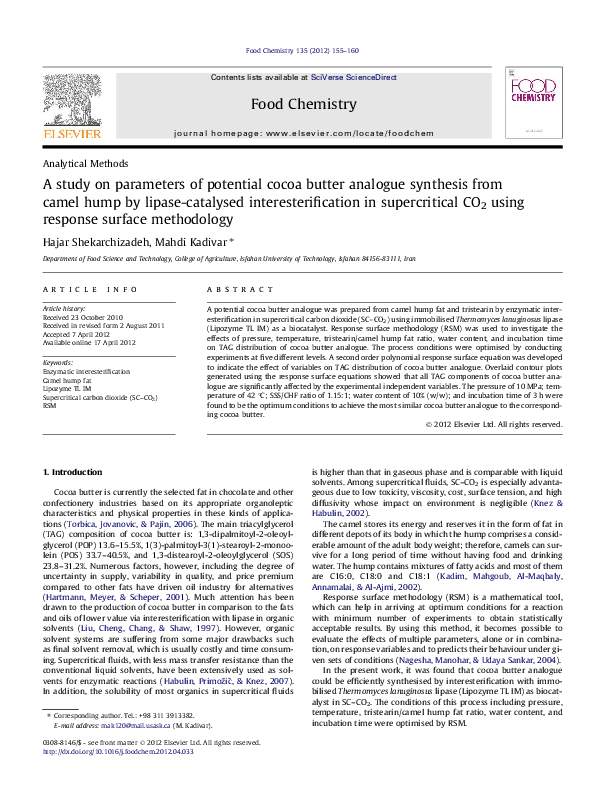 (PDF) A study on parameters of potential cocoa butter analogue synthesis from camel hump by ...